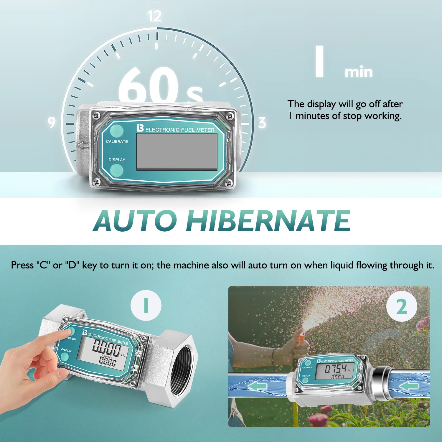 Bonoutil Turbine Flow Meter Digital Fuel Flowmeter with 1 Inch NPT Thread LCD Display for Measuring Diesel Kerosene Gasoline ±1% Accuracy 2-26.4 GPM (1 inch Stainless Steel)