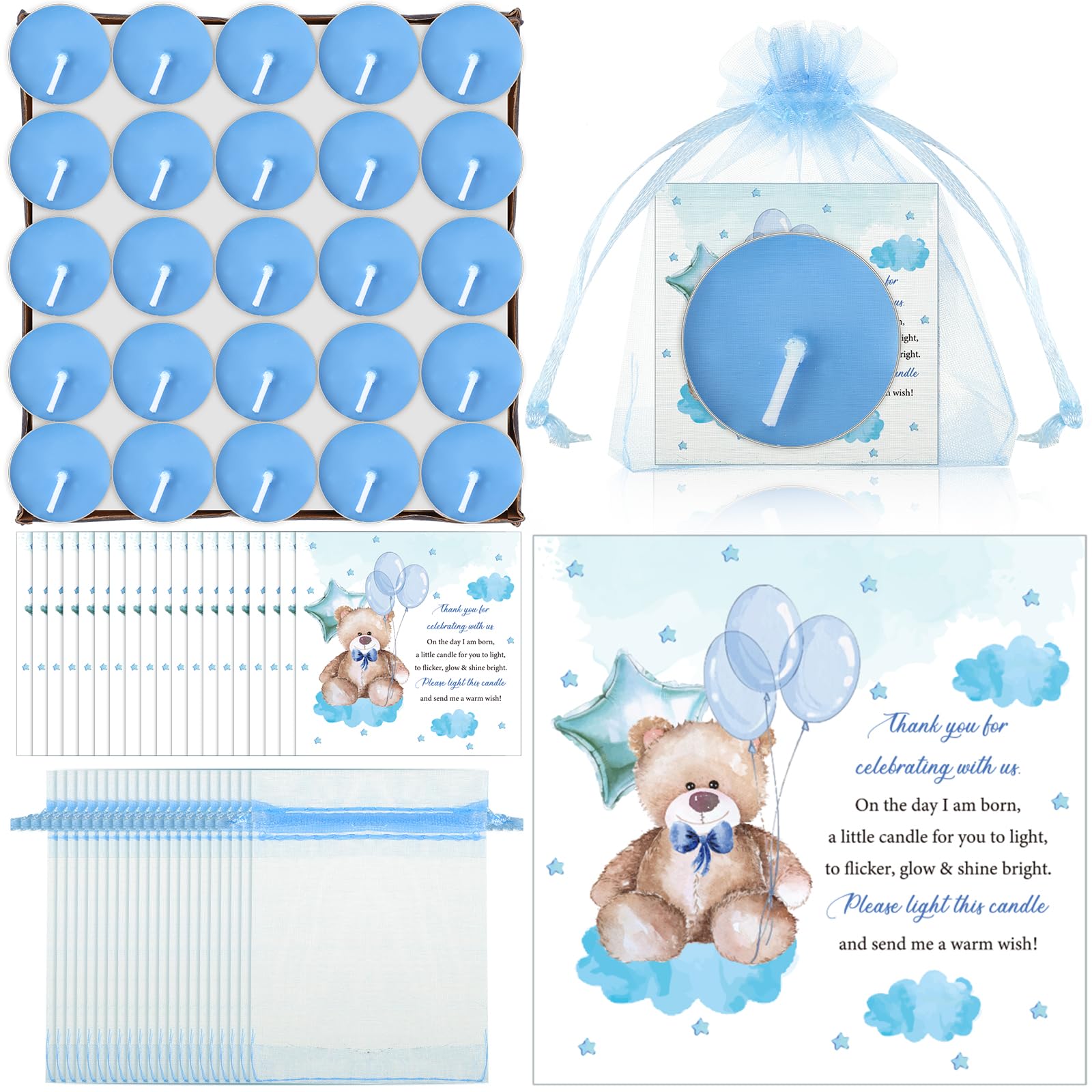 Colarr 50 Set Baby Shower Candle Favors Bear Themed Baby Shower Favors Gifts for Guest, Include 50 Tea Light Candles 50 Thank You Tags and 50 Return Gift Bags for Gender Reveal (Blue, Cute Style)