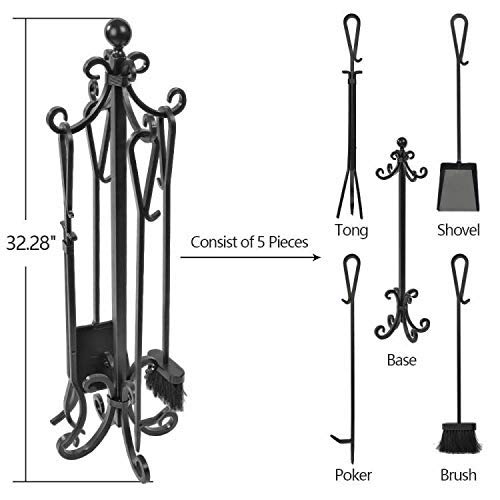 Amagabeli 5 Pieces Scroll Fireplace Tools Bundle Firewood Rack Indoor Carrier Metal
