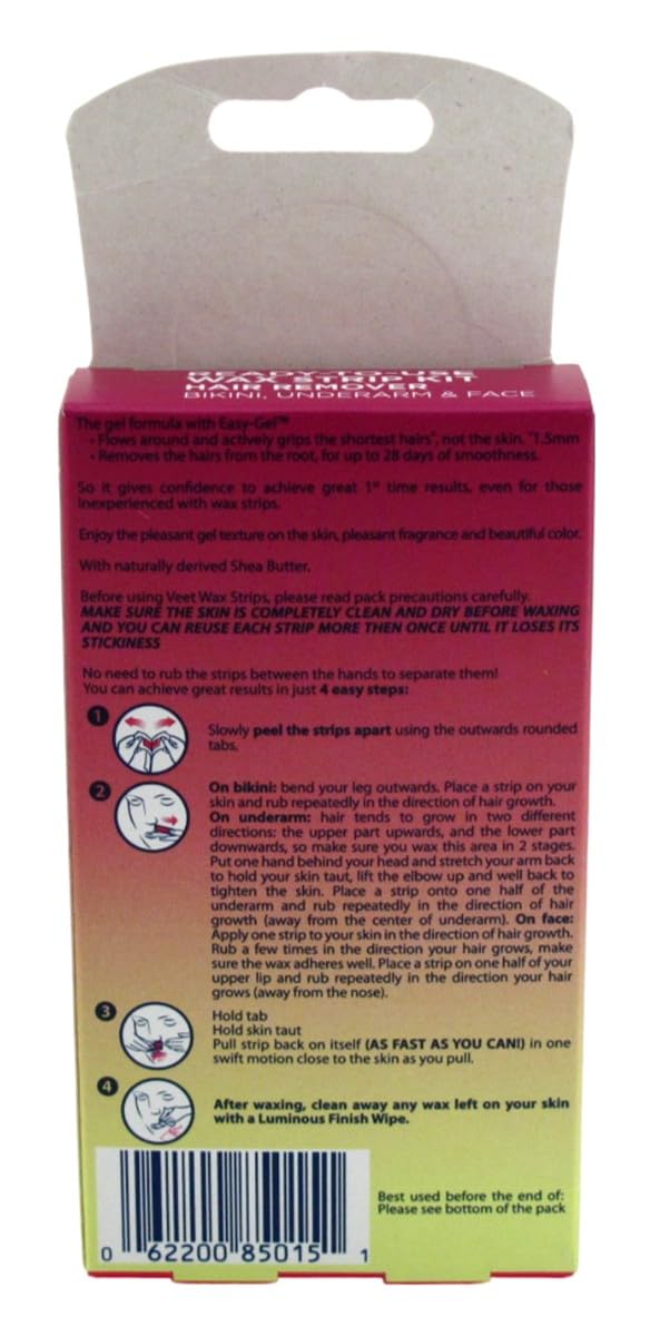 VEET Ready to Use Wax Strips Hair Remover for Body, Bikini & Face 20 ea (Pack of 2)