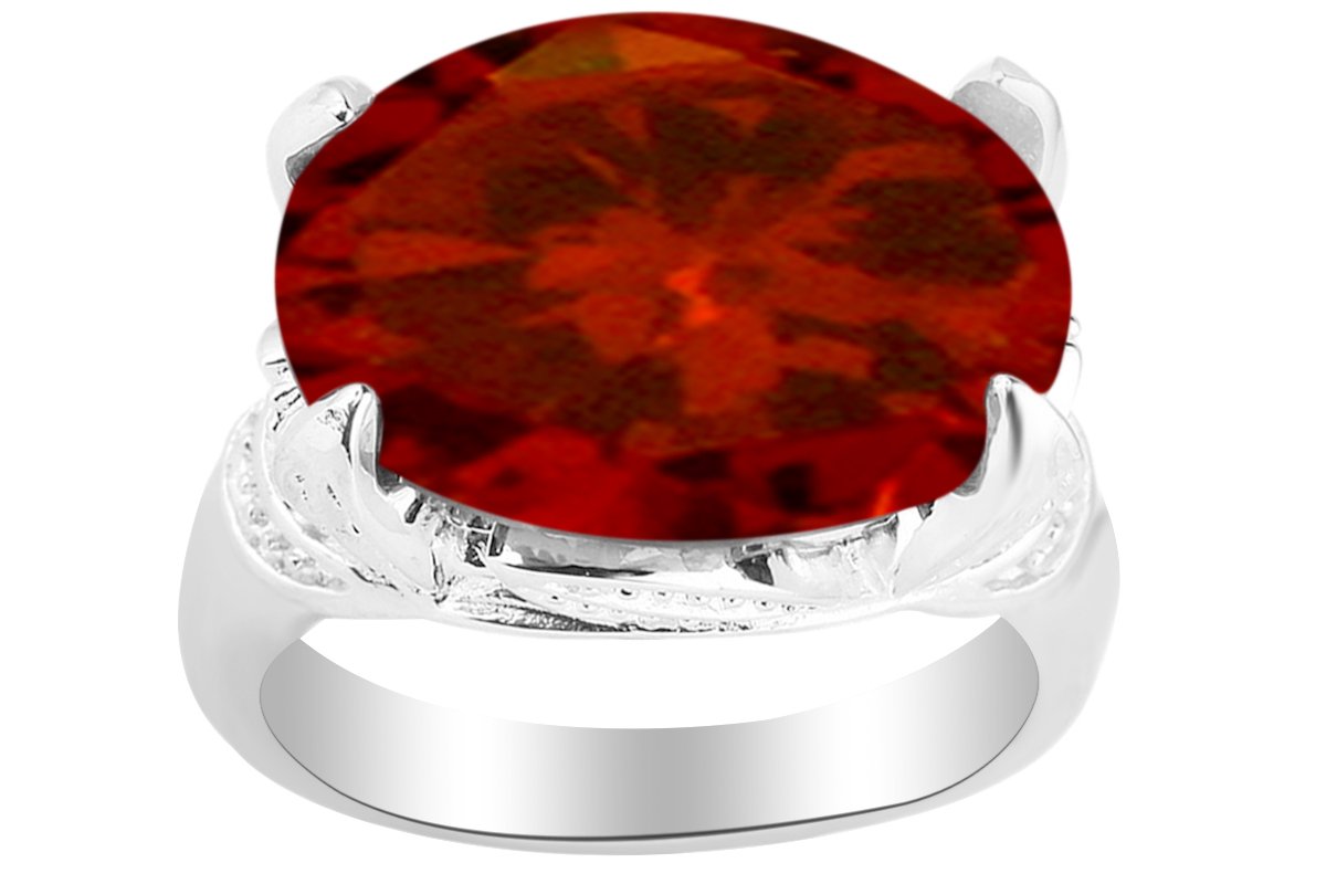 AFFY 12x16mm Big Look Oval Cut Simulated Garnet Solitaire Cocktail Ring in 14k White Gold Over Sterling Silver Ring Size - 6.5
