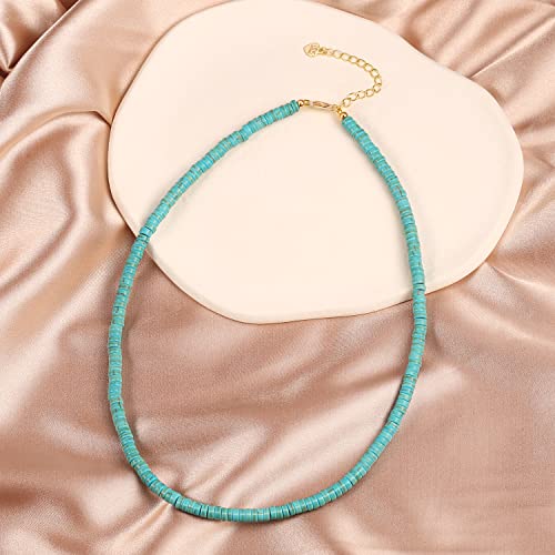Aobei Pearl Simulated Turquoise Choker Blue Clay Seed Beads Necklace Bohemian Jewelry for Women 15”