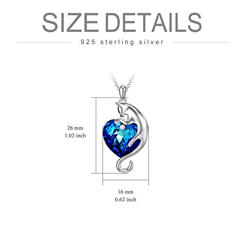 AOBOCO Cat Necklace Sterling Silver Cute Cat Pendant Jewelry with Ocean Blue Heart Crystal Gifts for Cat lover