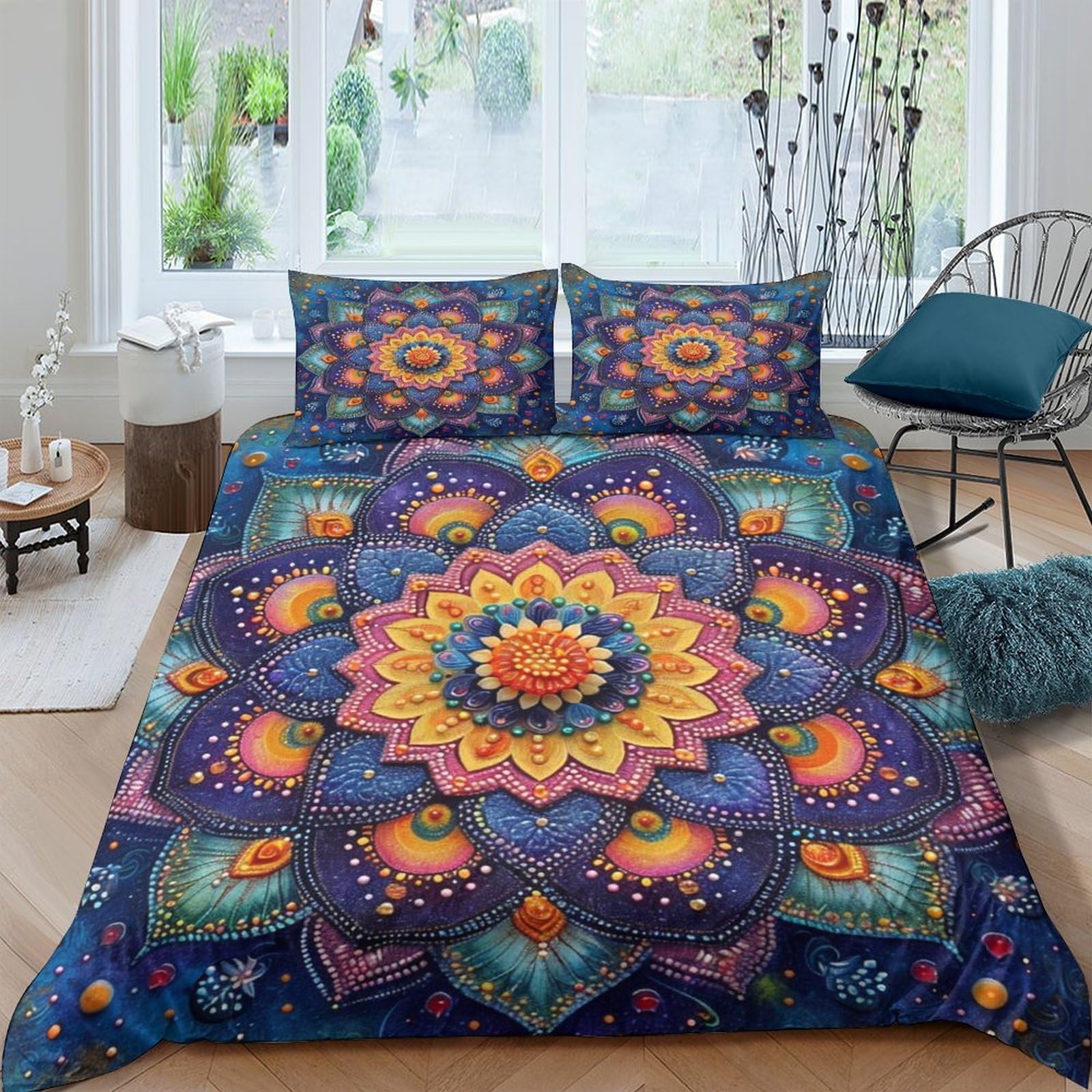 Bohemian Mandala 3D PrintedBeautiful Patterns Comforter Covers Bedding Set Quilt Cover Duvet Cover 3 Pieces for Childrens And Adults Microfiber with Pillowcases with Zipper Closure Queen(228x228cm)