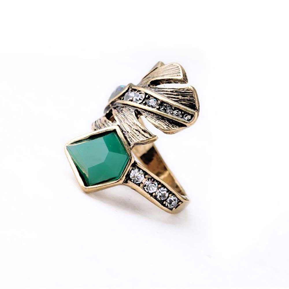 Antiqued Golden Philodendron Leaf Ring with Crystal Detail