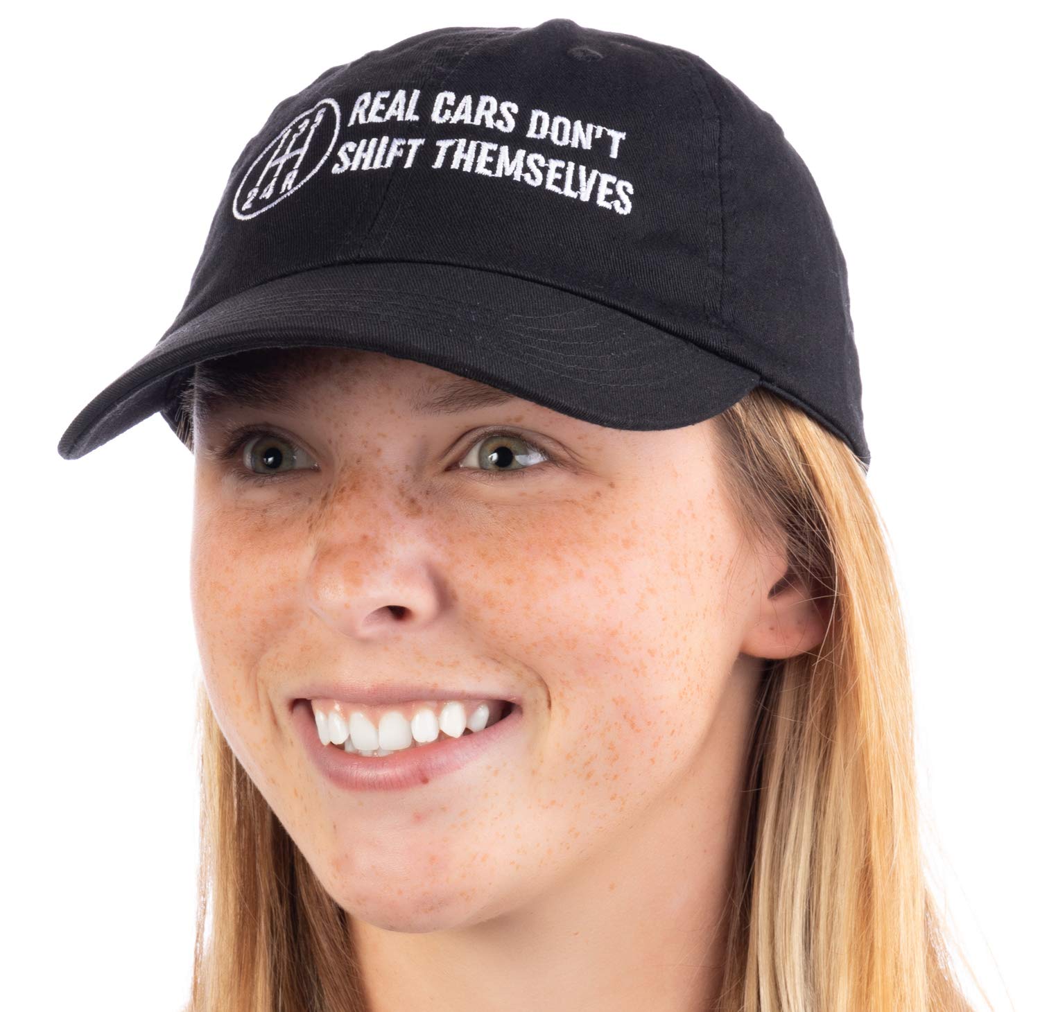 Ann Arbor T-shirt Co. Real Cars Don't Shift Themselves | Funny Auto Racing Mechanic Manual Baseball Cap Dad Hat Black
