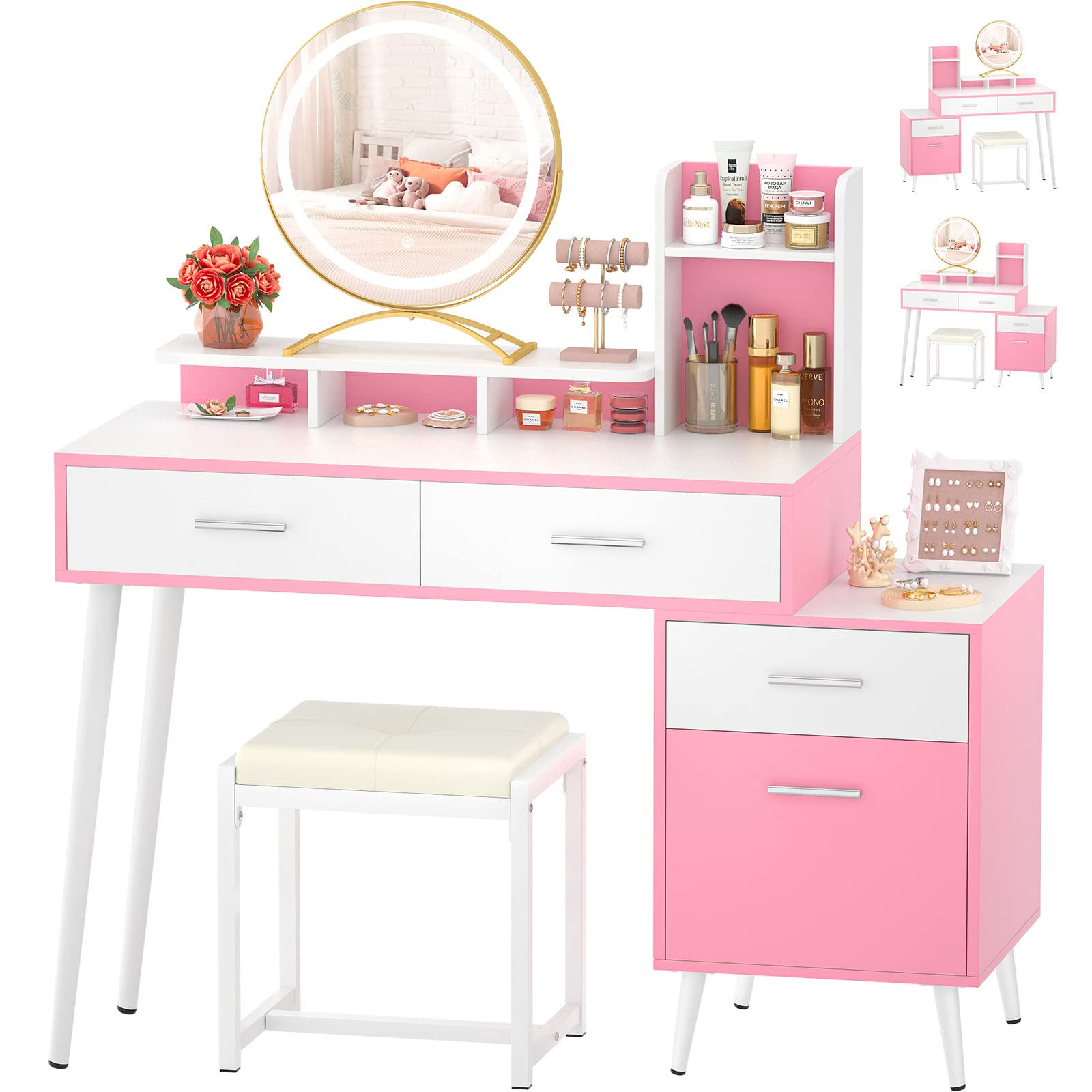 armocity 45 Inches Vanity Desk with Lights, Bright Color Makeup Vanity Table Set with Mirror, Large Dressing Table with Stool for Bedroom, Bathroom, Small Space, 3 Adjustable Lighting Modes, Pink