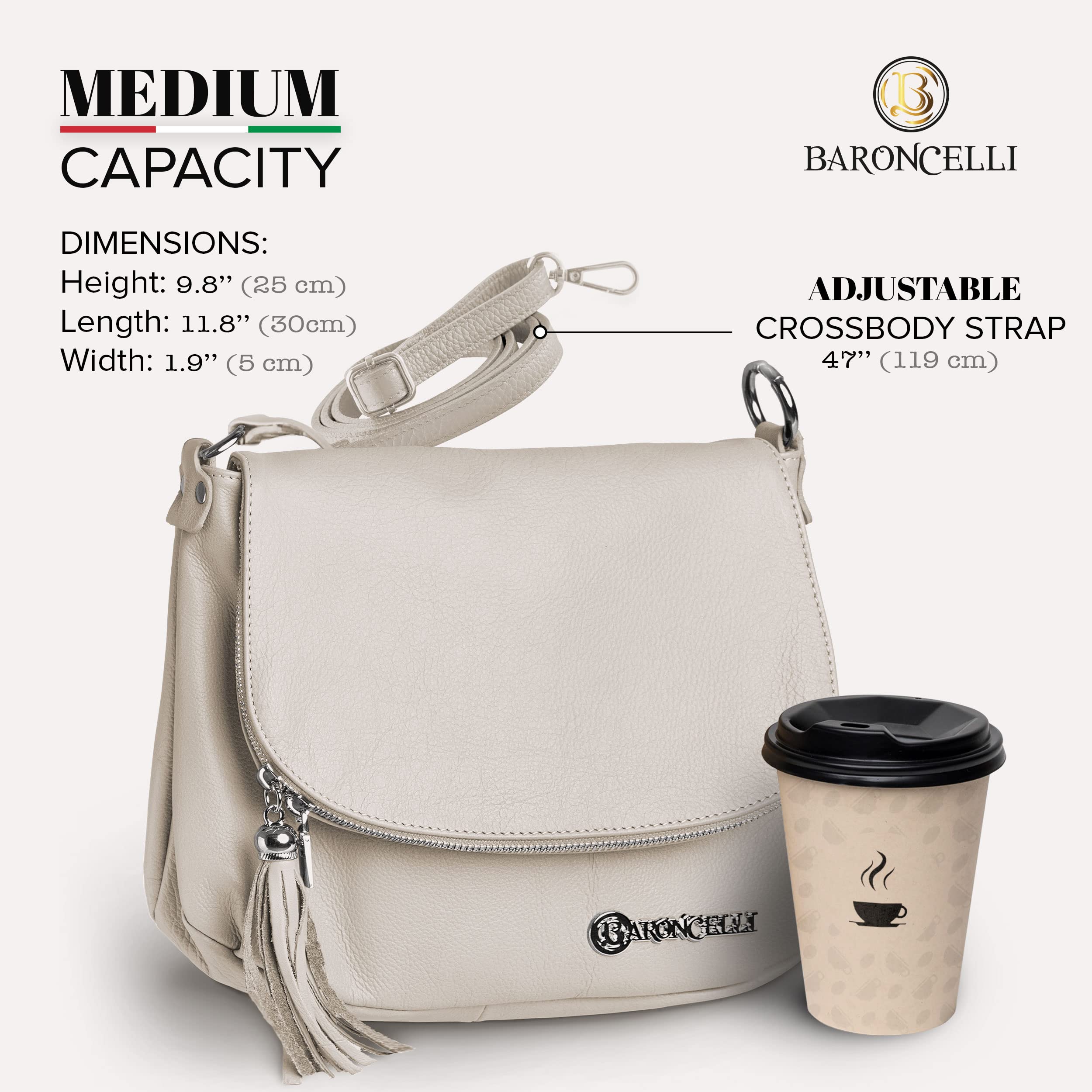 Baroncelli Italian Beige Leather Purse for Women with Long Strap Genuine Leather Made in Italy