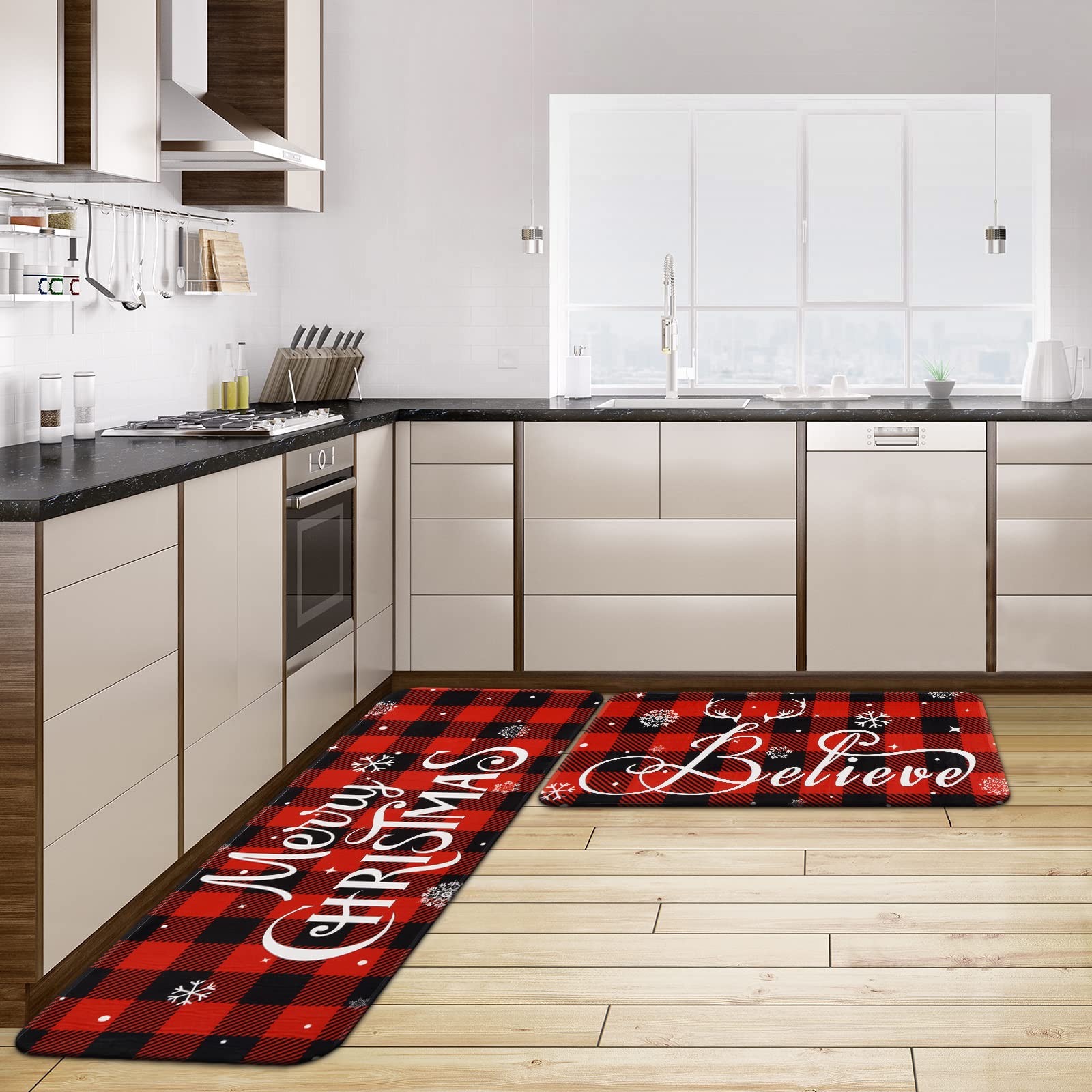 ASPMIZ 2 Pcs Christmas Buffalo Plaid Kitchen Rugs and Mats Set, Absorbent Winter Snowflake Kitchen Mat Cushioned Anti Fatigue, Xmas Decorative Area Rug Set of 2 Washable, 17'' x 47'' + 17'' x 30''