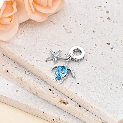 AOBOCO Sea Turtle Charm for Bracelet Sterling Silver Ocean Turtle and Starfish Dangle Charm Bead with Aquamarine Blue Crystal