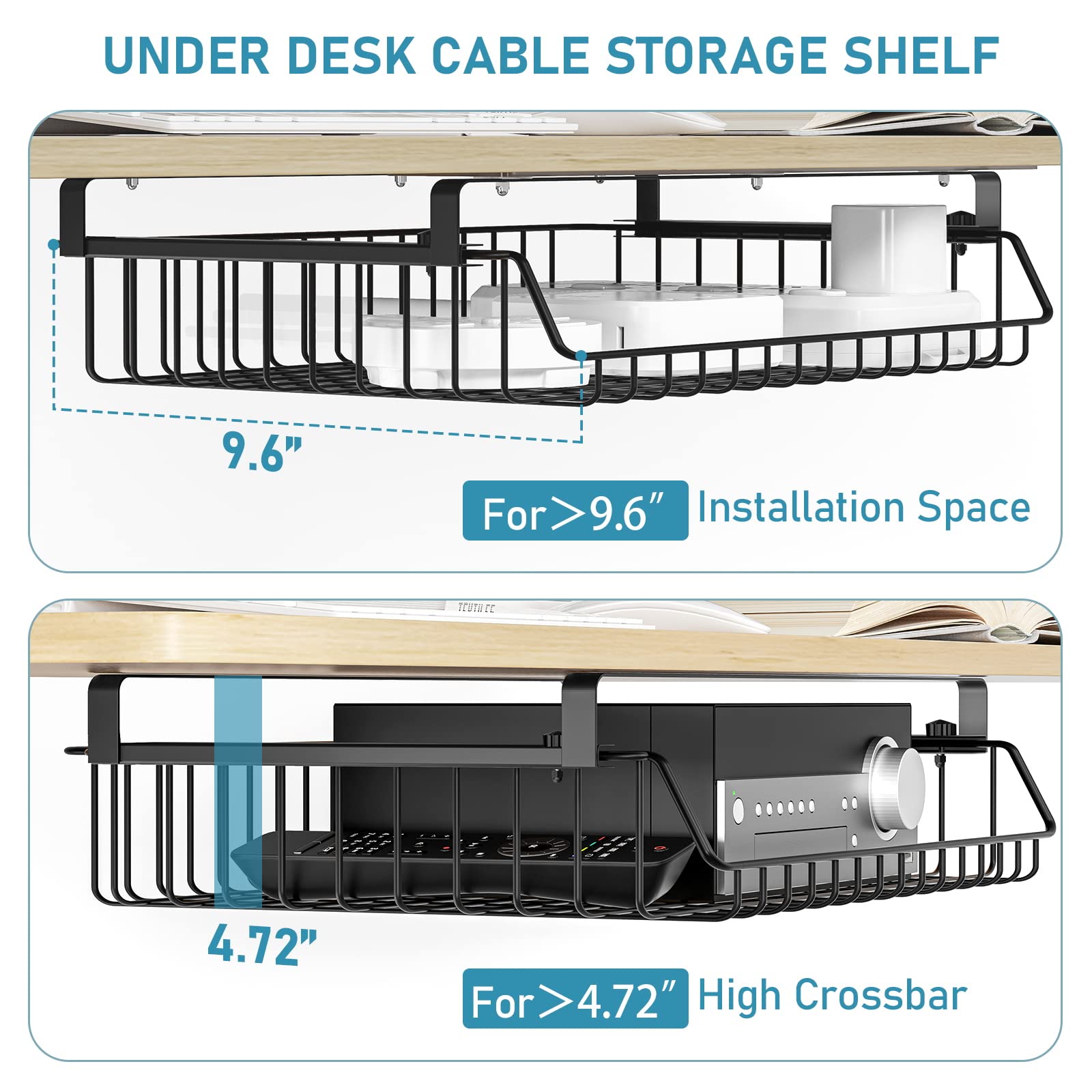ADWOLT Under Desk Storage Shelf Drawer 1 Pack No Drill Metal Table Cable Basket Drawer Slide Out for Storing Extension Cords,Set Top Box,Under Desk Cable Management Organizer Rack for Home