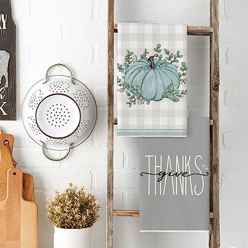 Artoid Mode Blue Eucalyptus Leaves Hello Pumpkin Fall Kitchen Towels Dish Towels, 18x26 Inch Seasonal Give Thanks Decoration Hand Towels Set of 4