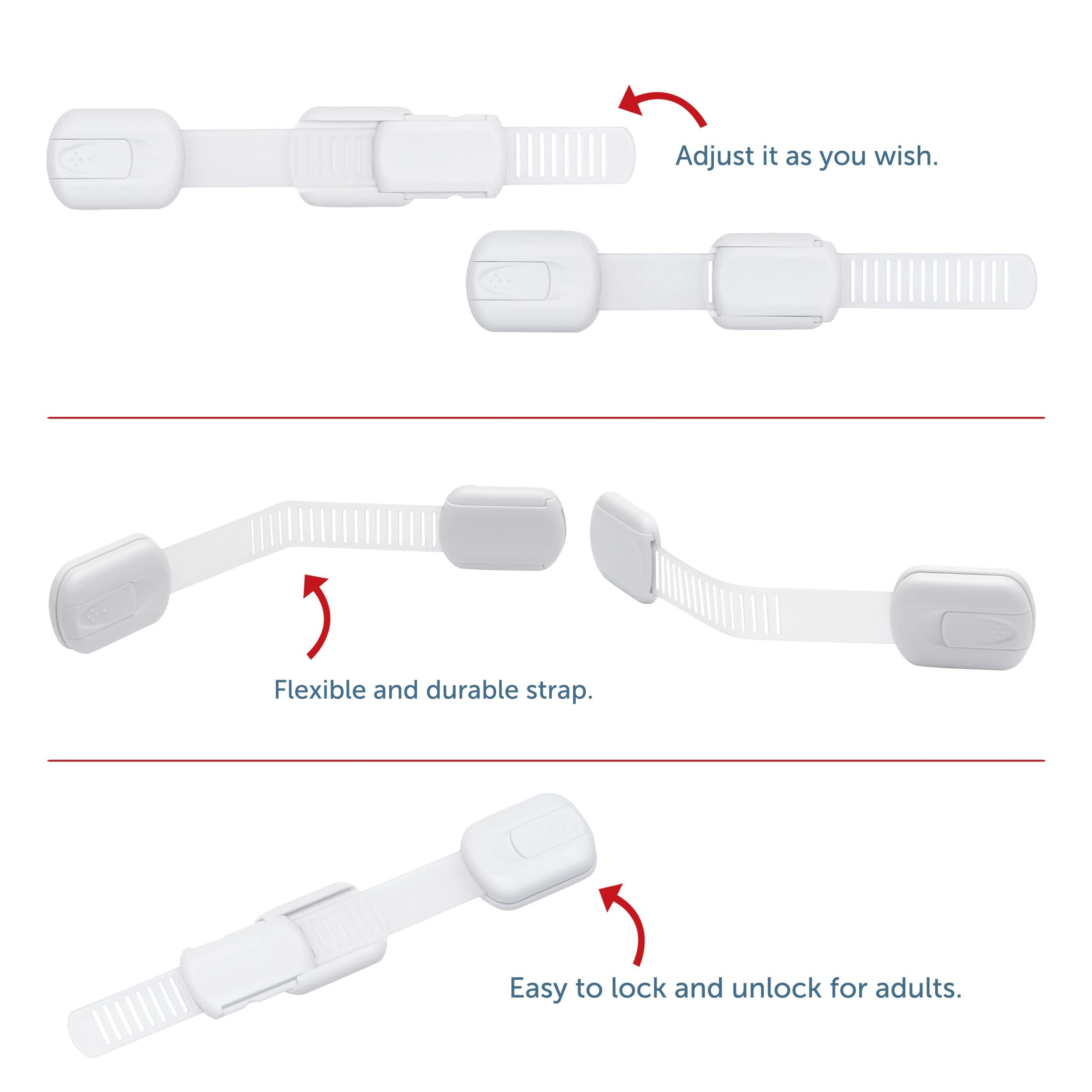 BOOTA Baby Locks (6 pack), Child Safety Strap Locks, Child Proof Cabinet Latches with Extra 3M Adhesives β Adjustable Drawer Locks, Baby Cabinet Safety Latches, Easy Installation, White