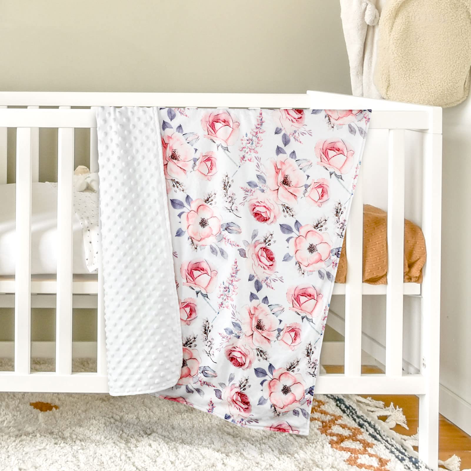 Baby Car Seat Cover & Blanket for Girls, Floral Infant Carseat Canopy, Double Layer Minky Blankets with Dotted Backing, Pink