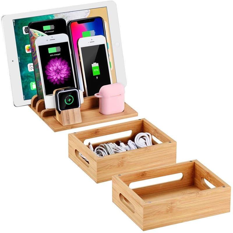Bamboo Charging Station for Apple Multiple Devices Wood Desk Organizer and Accessories,Desk Drawer Organizer Extended Port Cell Phone Docking Station for iPhone Ipad Apple Watch Airpods
