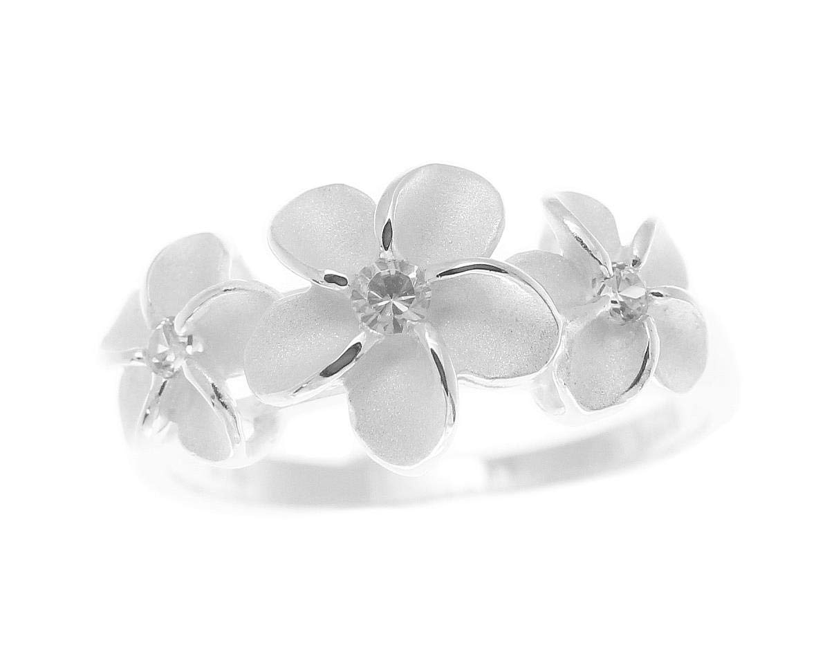 Arthur's Jewelry Sterling silver 925 3 Hawaiian plumeria flower ring clear cz size 8