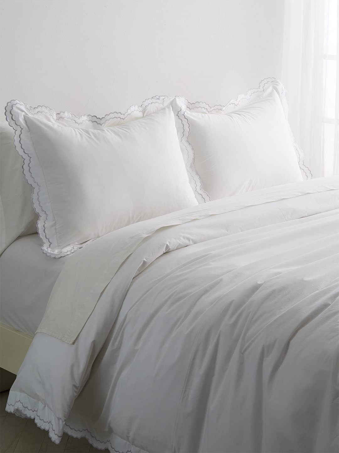 Double Scalloped Percale Weave Embroidered Full and Queen Size White Duvet Set 300 Thread Count 100% Cotton - Cool Crisp - Luxury Hotel Bedsheet - Oeko Tex Certified Deep Pocket - Gray Piping on Edges