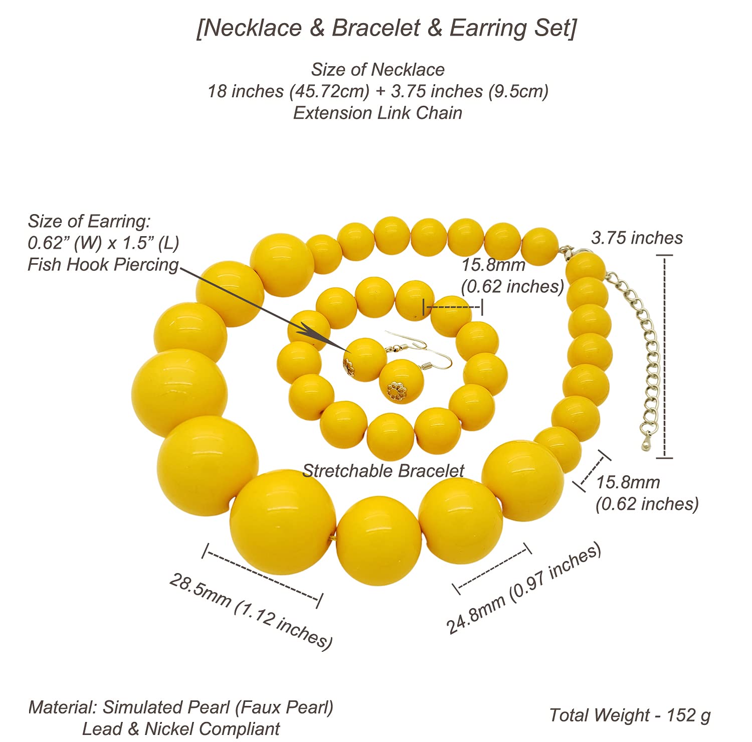 BA UNIQUE FASHION Women's Chunky Large Simulated Pearl Statement Necklace, Bracelet, Earring Set (Cyber Yellow)