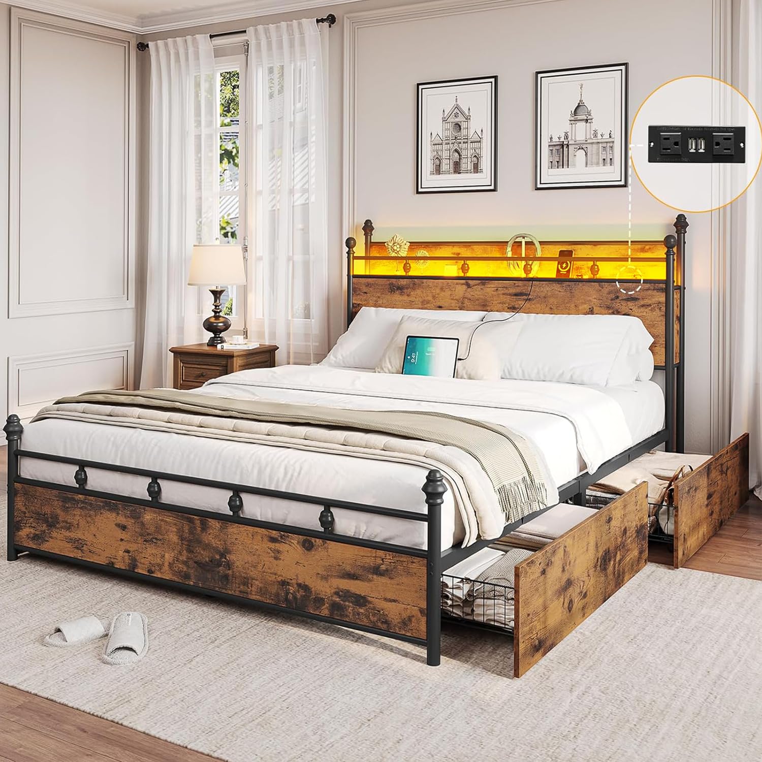 AOGLLATI Queen Bed Frame with 4 Storage Drawers, LED Bed Frame with Charging Station, Metal Platform Bed Queen Size with Storage Headboard, No Box Spring Needed