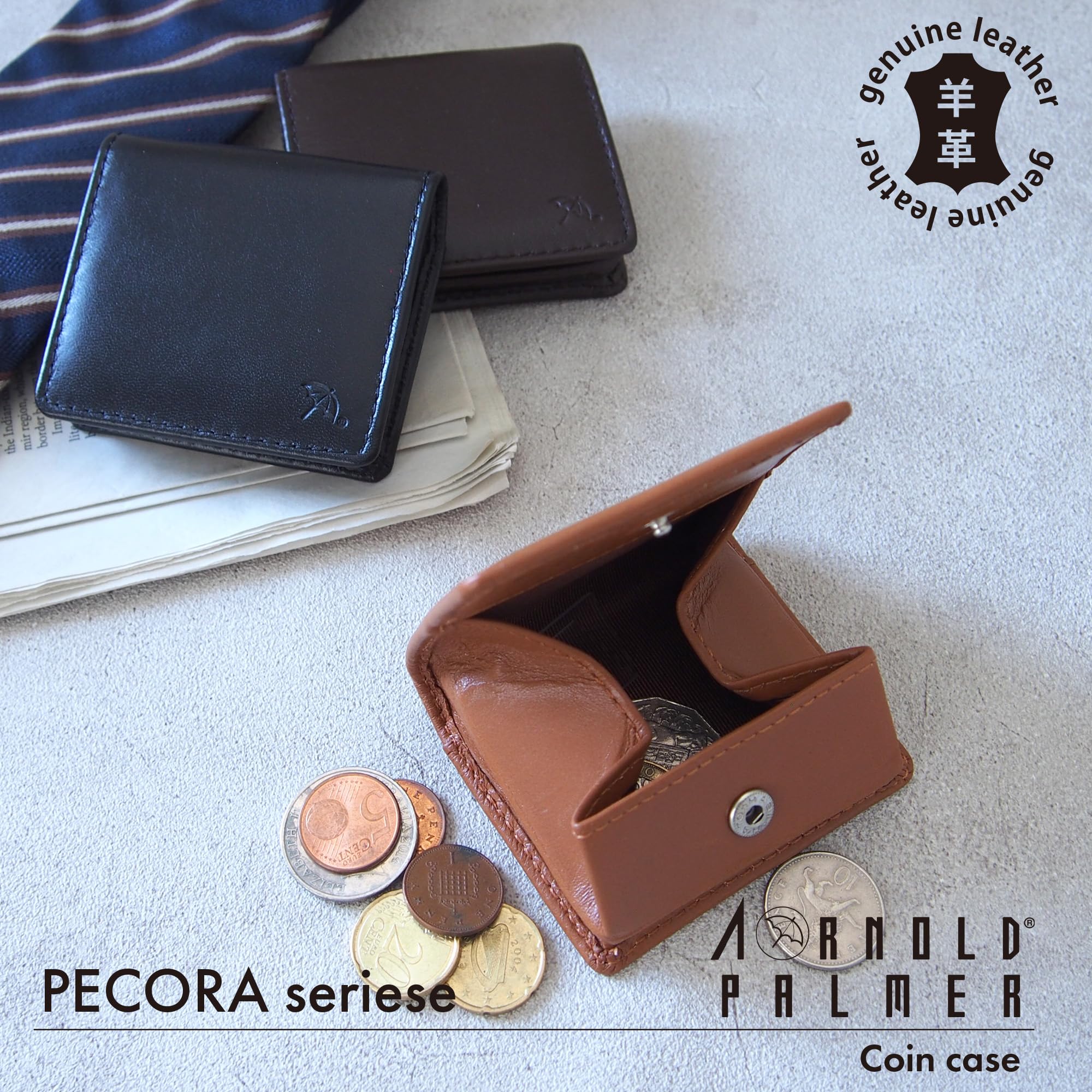 Arnold Palmer APZ-3313 Coin Purse Box, Coin Case, Sheepskin Leather, Black