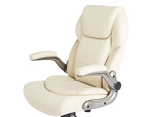 AmazonCommercial Ergonomic High-Back Bonded Leather Executive Chair with Flip-Up Arms and Lumbar Support, Cream