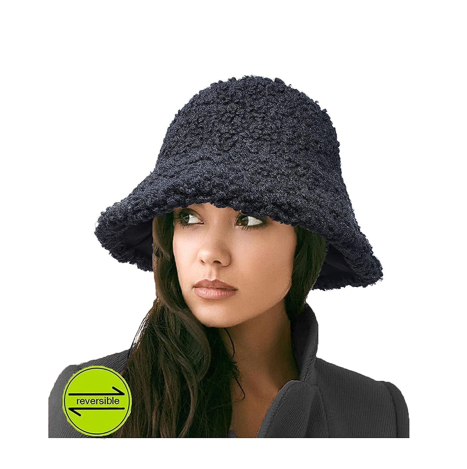 BA UNIQUE FASHION Reversible Solid Color Women Winter Faux Suede Fur Bucket Hat (Black Tone)
