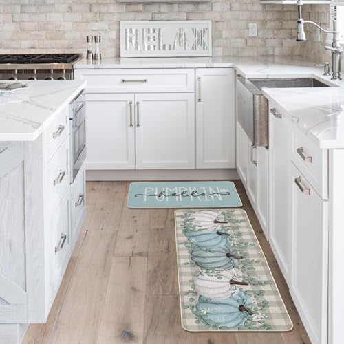 Artoid Mode Buffalo Plaid Hello Pumpkin Eucalyptus Fall Kitchen Mats Set of 2, Home Decor Low-Profile Kitchen Rugs for Floor - 17x29 and 17x47 Inch