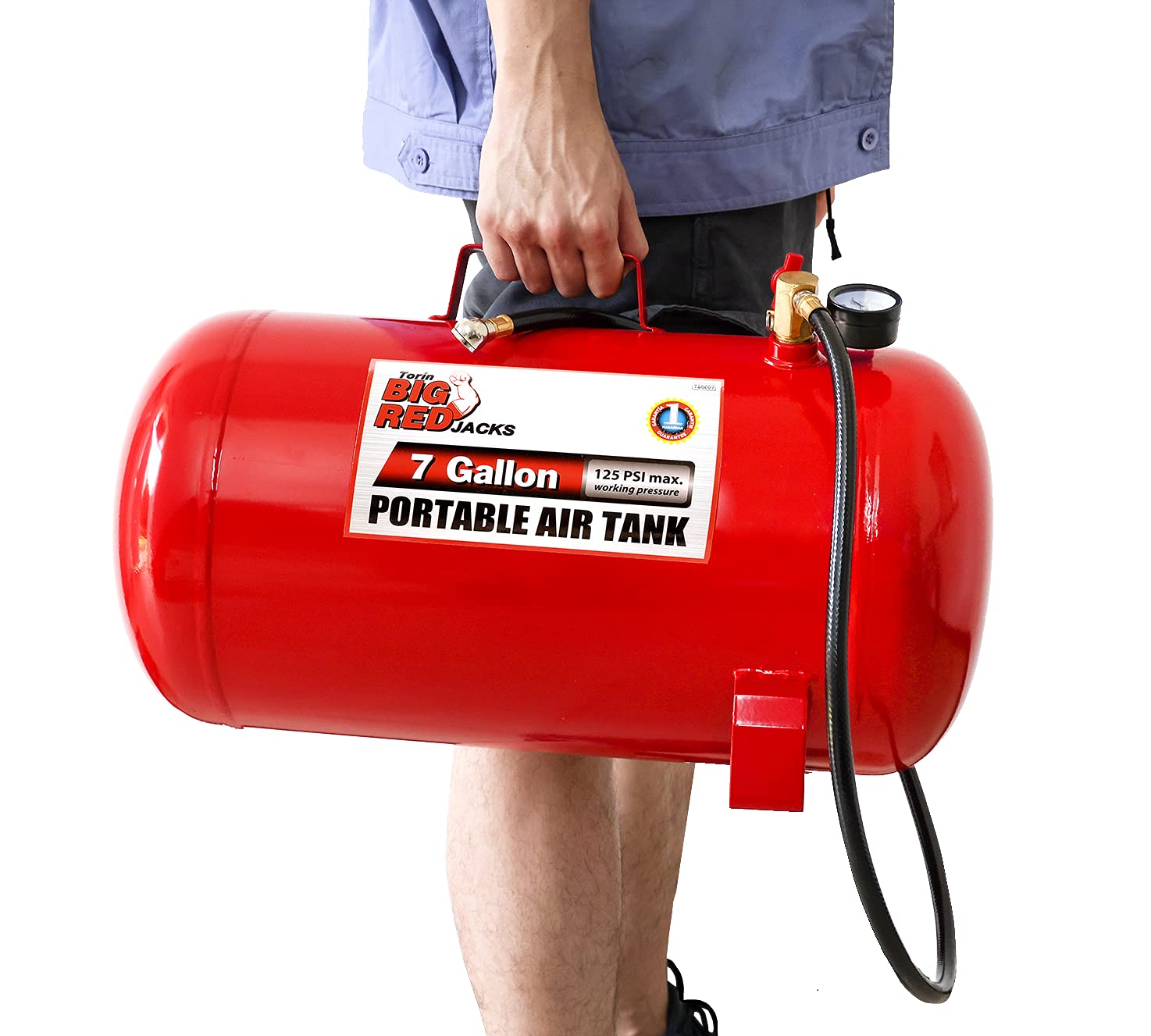 BIG RED T88011-1 Torin Portable Horizontal Air Tank with 50" Hose and Pressure Gauge, Capacity 11 Gallons, Red