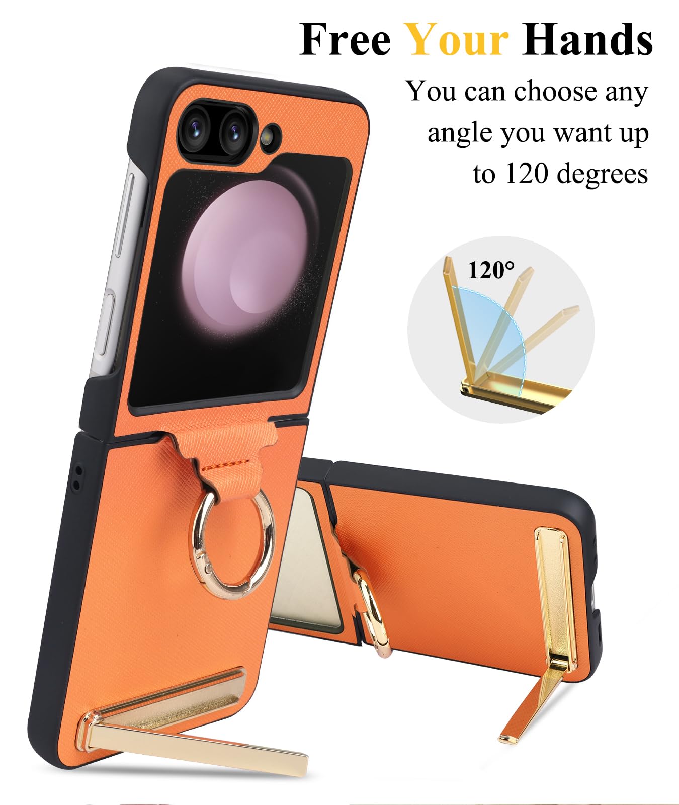 ATATOO for Galaxy Z Flip 5 Case with Kickstand, Thin Flip5 Case with Adjustable Ring & Front Screen Protector, Sturdy Anti-Slip Luxury Leather Phone Case for Samsung Galaxy Z Flip 5 2023, Orange