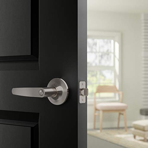 Amazon Basics Straight Door Lever With Lock, Privacy, Satin Nickel