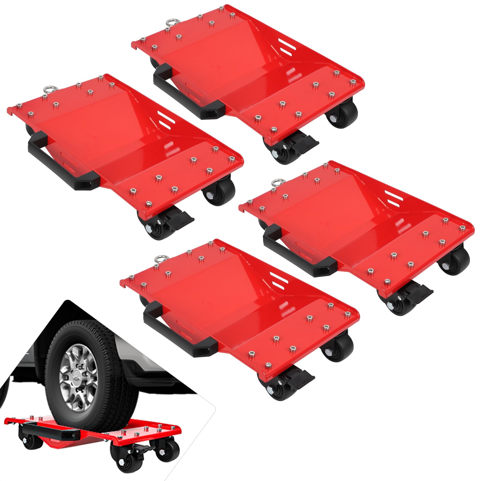Aoile Car Dolly Set of 4, 8000LBS Capacity Car Dollies with Tow Hooks, Wheel Dolly Set of 4 with Thickened Handles & Sidebar, Car Dolly, Car Wheel Dolly with Security Lock for Moving Vehicles
