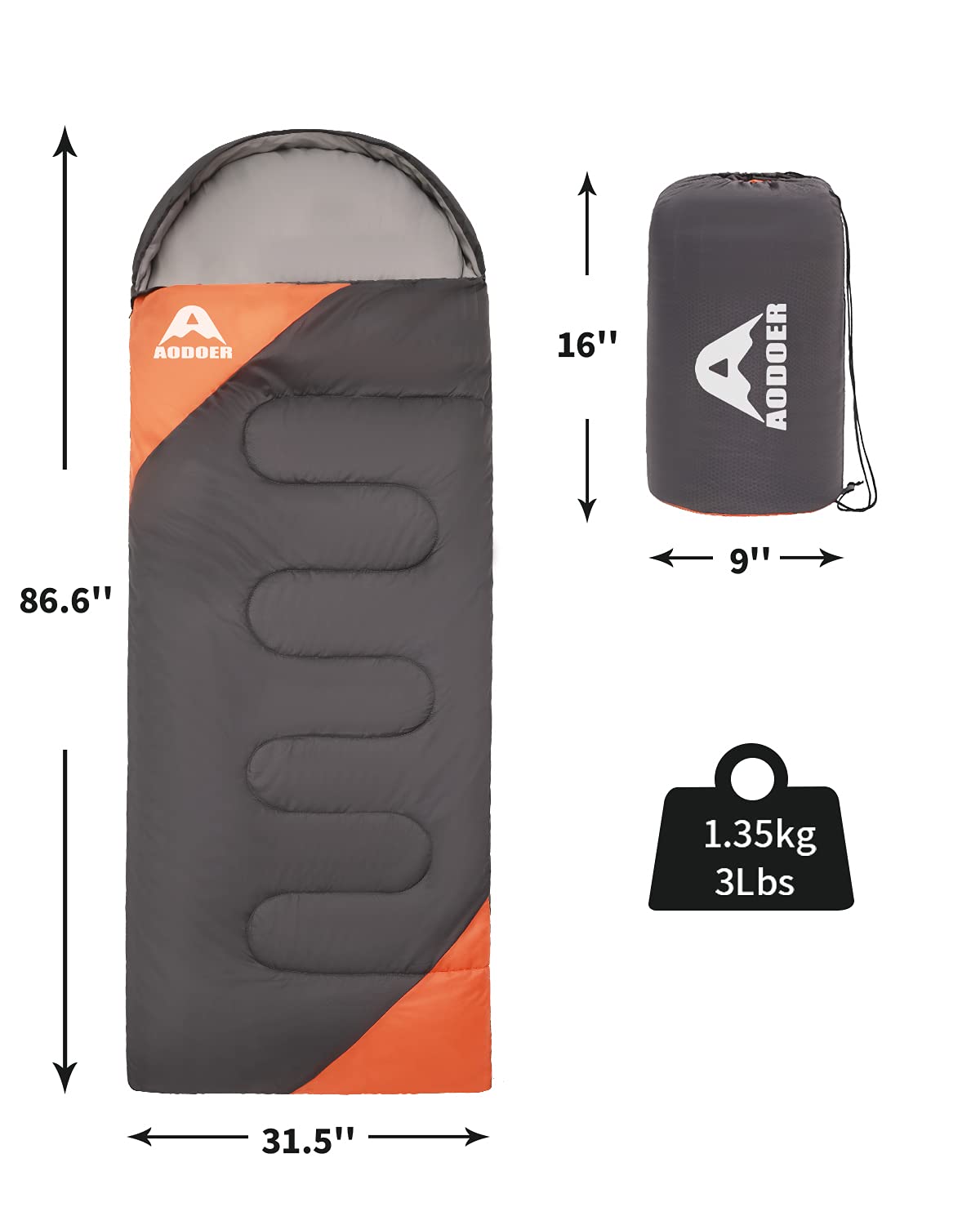 AODOER Sleeping Bag - Sleeping Bag for Adults with Compression Sake - 3 Season Waterproof Camping Sleeping Bags - Portable and Lightweight - Backpack Sleeping Bag (Orange)