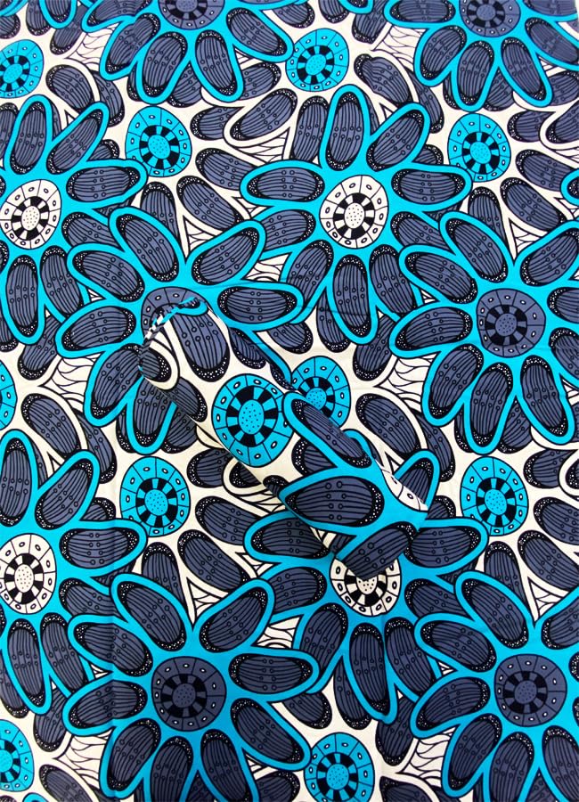 African Ankara Wax Print Fabrics -Floral Pattern- Turquoise, Blue, Gray, White,- Sell by 6 Yards-100% Cotton- for Dresses