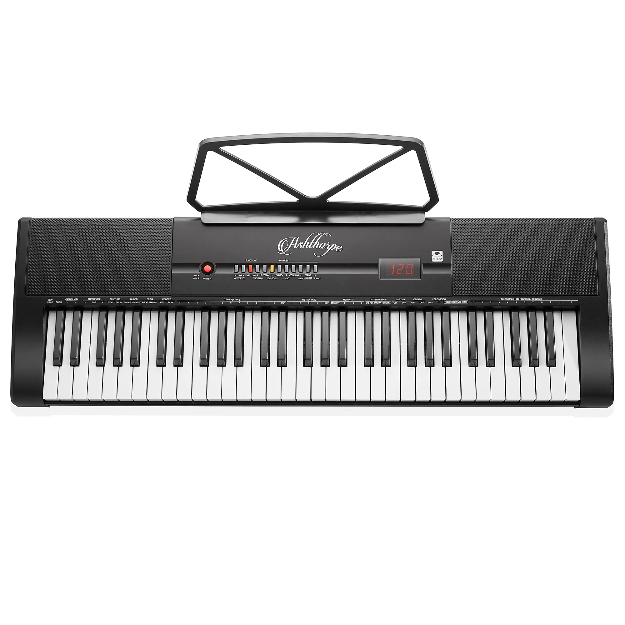 Ashthorpe 61-Key Digital Electronic Keyboard Piano with Light Up Keys, Includes Stand, Bench, Headphones, Mic and Keynote Stickers