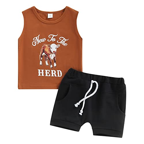 Aojekbee Toddler Boys Clothes, Sleeveless Round Neck Letters Tops Drawstring Short Pants Casual Outfits (Burnt Sugar, 0-6 Months)