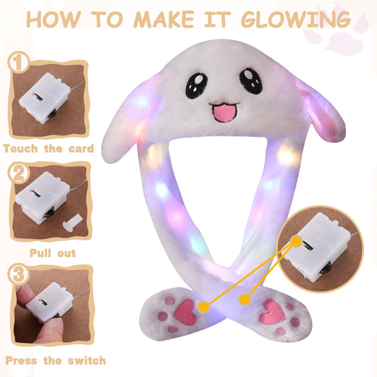Arcimatto Animal Hat Plush Bunny Ears Moving Jumping Dress Up Cosplay Party Christmas Holiday Rabbit Cap for Kids Adults (White Rabbit)