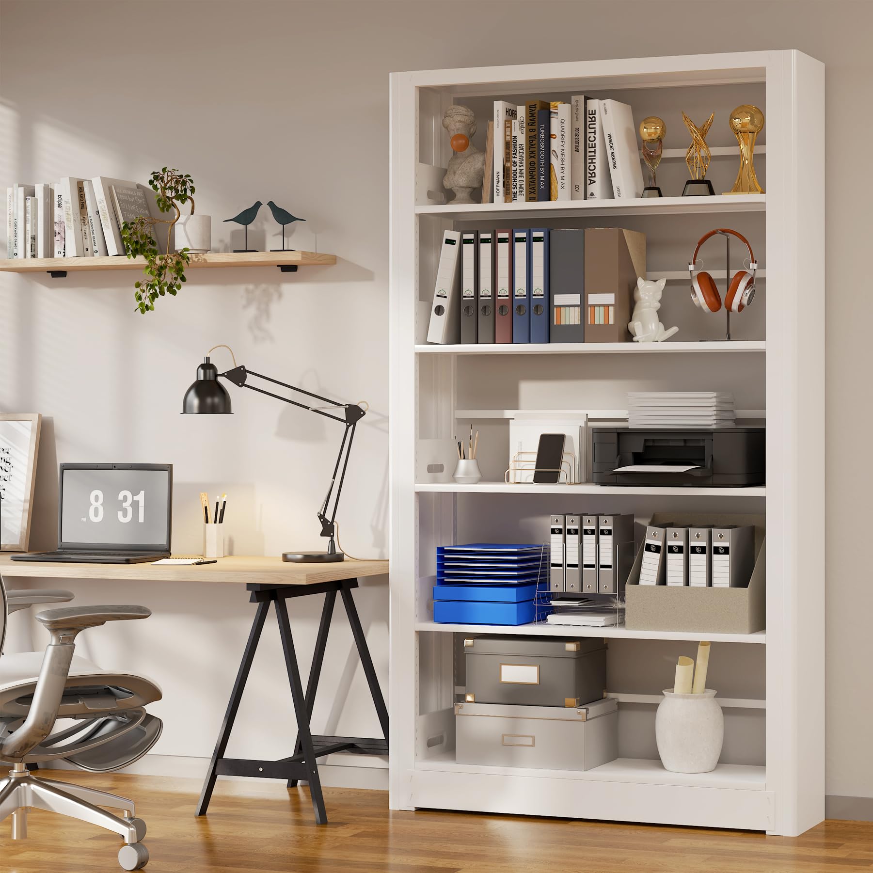 RpAosd Metal Bookshelf, 69" Heavy Duty Bookcase with 5 Adjustable Shelves, Open Shelf Bookcase, Free-Standing Library Bookshelf for Home Office, Library, Bedroom, Living Room (White)