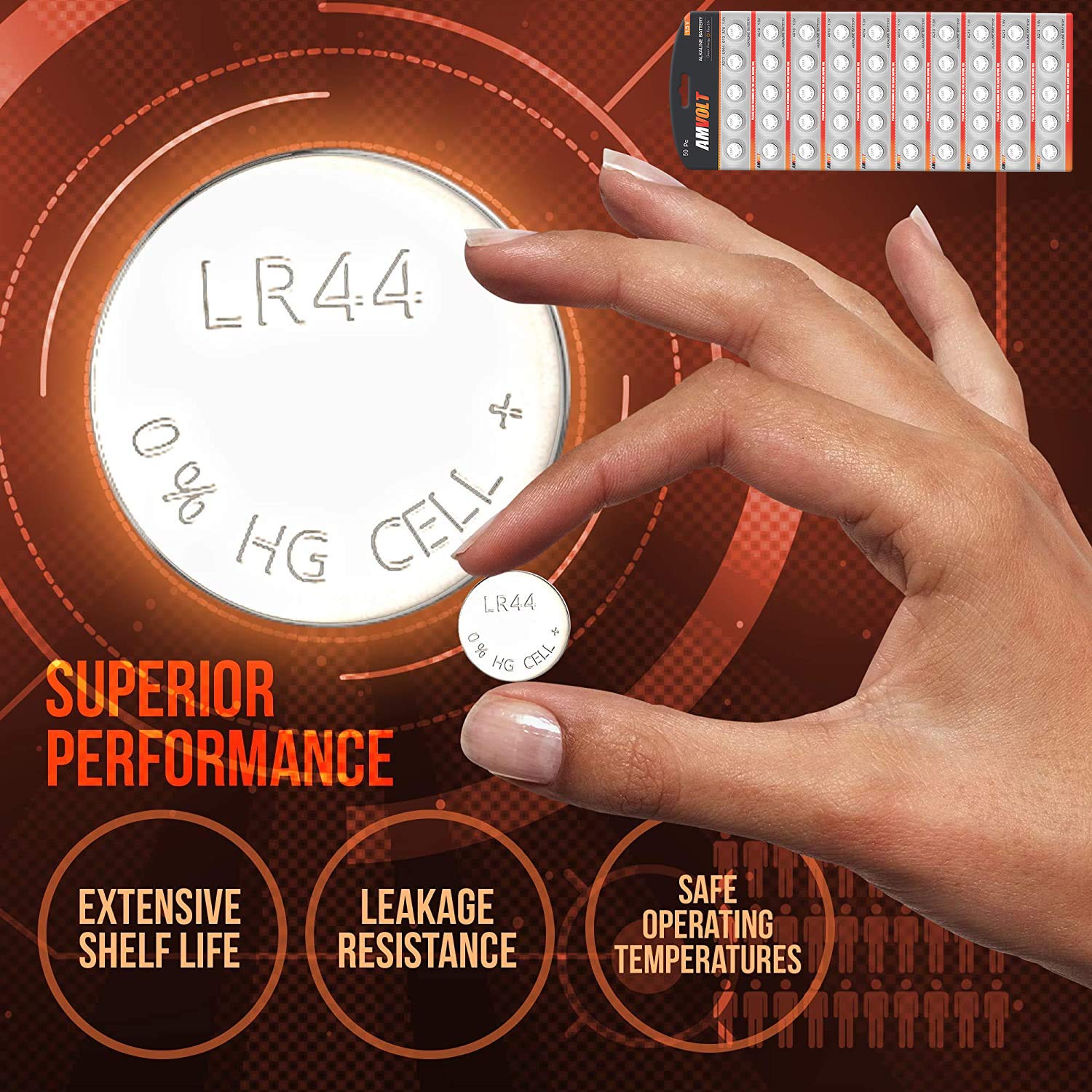 AmVolt 50 Pack LR44 AG13 SR44 357 303 LR44G Battery - [Ultra Power] Premium Alkaline 1.5 Volt Non Rechargeable Round Button Cell Batteries for Watches Clocks & Electronic Devices - 2029 Exp Date