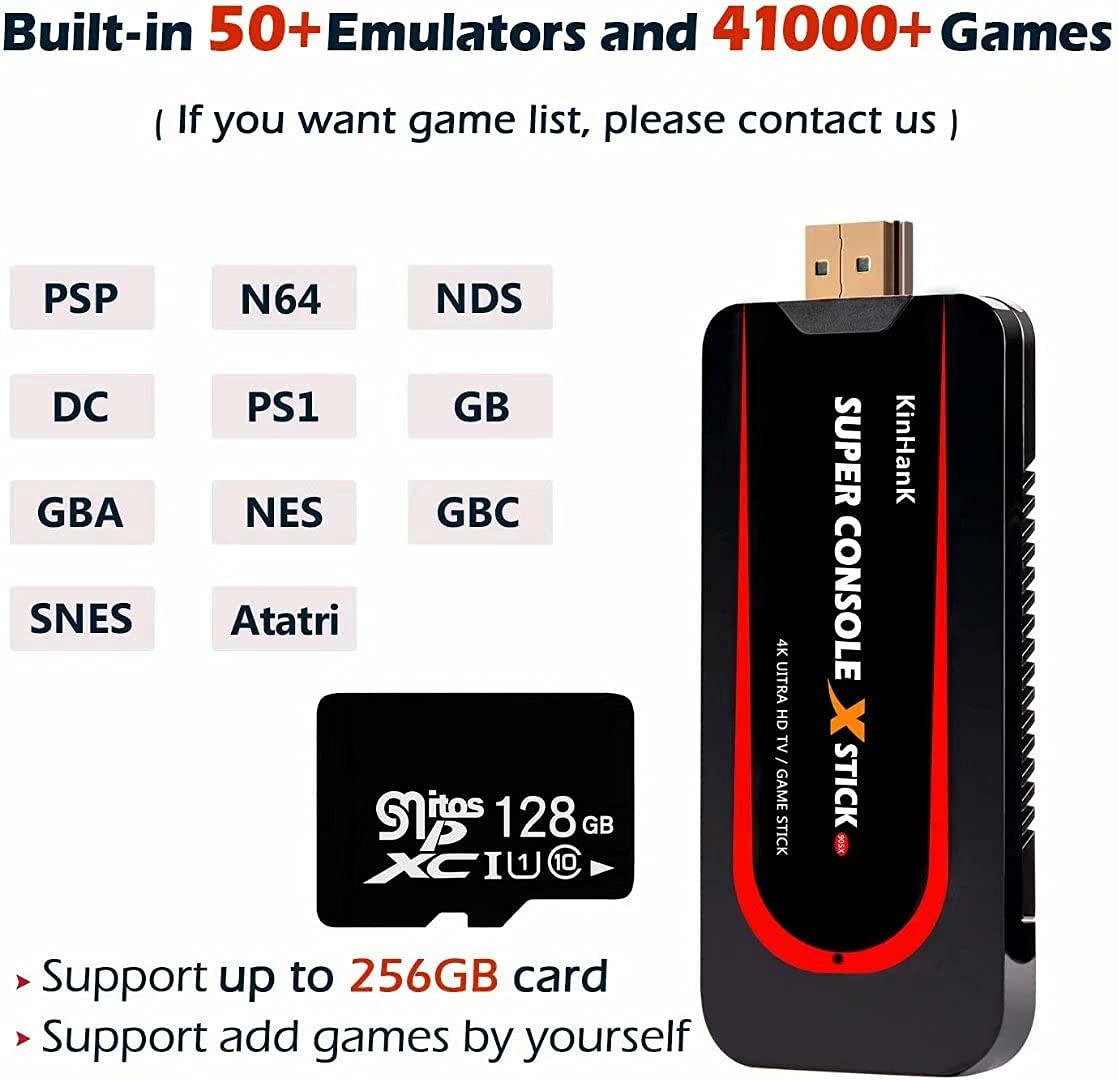 Relemo Super Console X Stick Retro Game Console Built-in 50000+ Games 4k Output Plug and Play Video Game Console with 2 Controllers for PS1/PSP/N64/MD (128G)