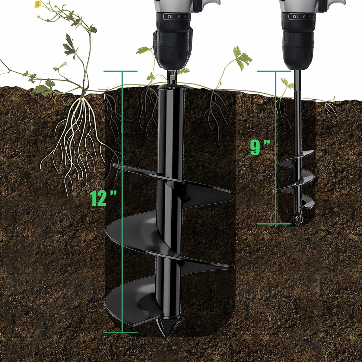 Auger Drill Bit Set(2 PCS 3.2"D x12"L&1.6"D x9"L) Garden Spiral Drill Bit Auger Post Hole Digger for Planting Bulb Flower, Tulips, Iris, Post Umbrella Hole Digger for 3/8” Hex Drive Drill Bulb Planter, Digging Weeds Roots