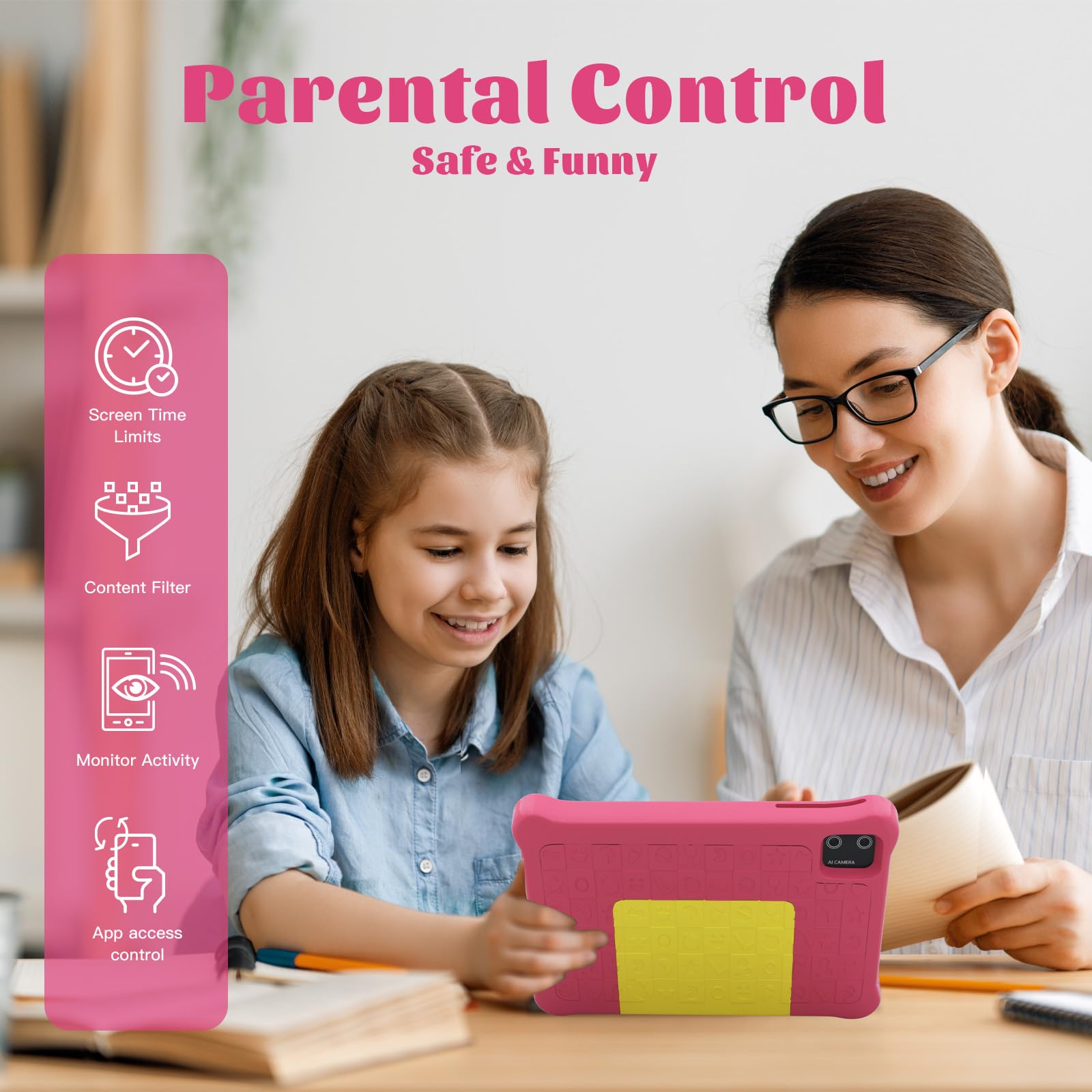 Anyway.go Kids Tablet 7 inch Tablet for Kids Android 12 Tablet 2GB 32GB Kid Tablet, Parent Controls, Dual Camera, Kidoz Pre-Installed Children Learning Tablet with Case (Pink)