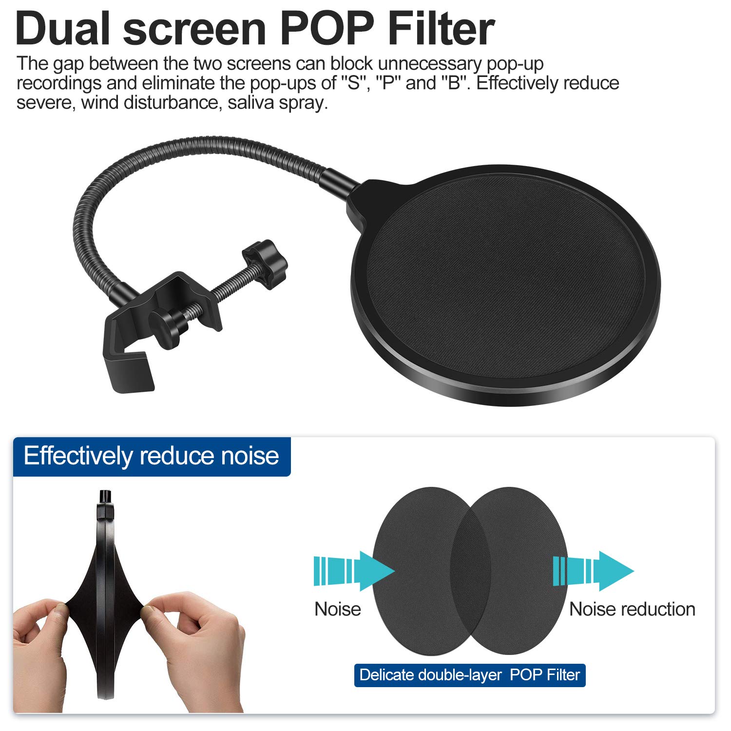 Aokeo Professional Microphone MINI Pop Filter Mask Shield For Blue Yeti and Any Other Microphone, Dual Layered Wind Pop Screen With A Flexible 360° Gooseneck Clip Stabilizing Arm …