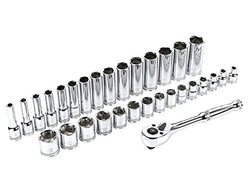 ARES 47004-32-Piece 3/8-inch Drive Metric Socket and 90-Tooth Ratchet Set with Magnetic Organizer - Sizes 6mm to 20mm Deep and Shallow Sockets