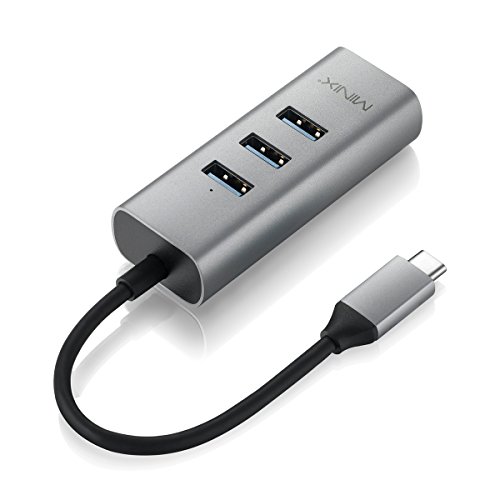 MINIX NEO-C-UEGR, Aluminium USB-C to 3-Port USB 3.0 and Gigabit Ethernet Adapter - for Windows, Mac and Chrome OS, Grey