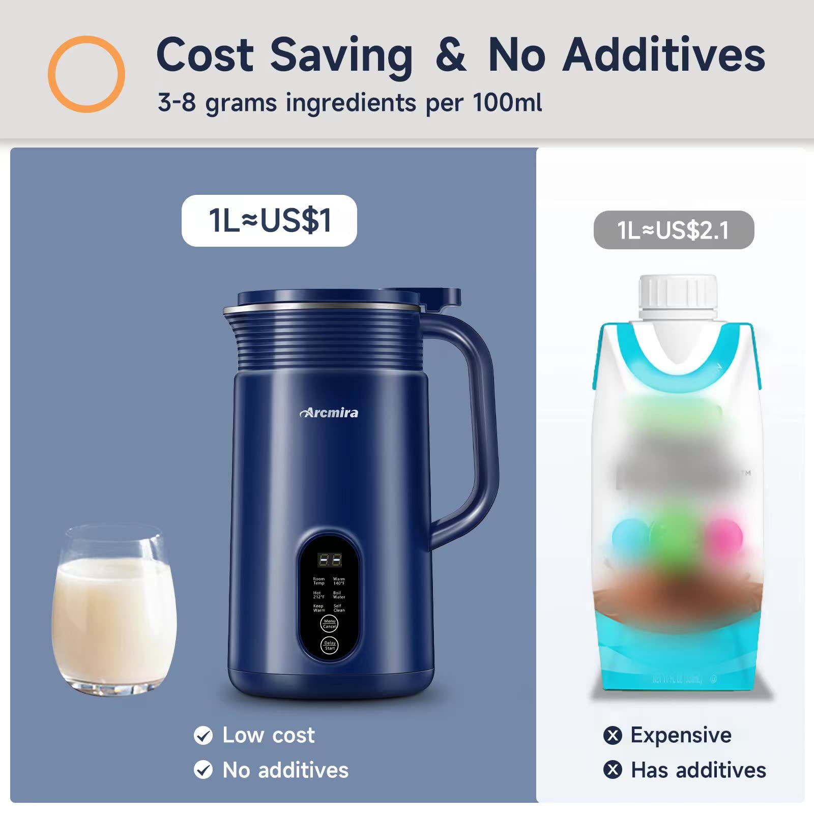 Arcmira Automatic Nut Milk Maker, 20 oz Homemade Almond, Oat, Soy, Plant-Based Milk and Dairy Free Beverages, Almond Milk Maker with Delay Start/Keep Warm/Boil Water, Soy Milk Maker with Nut Milk Bag
