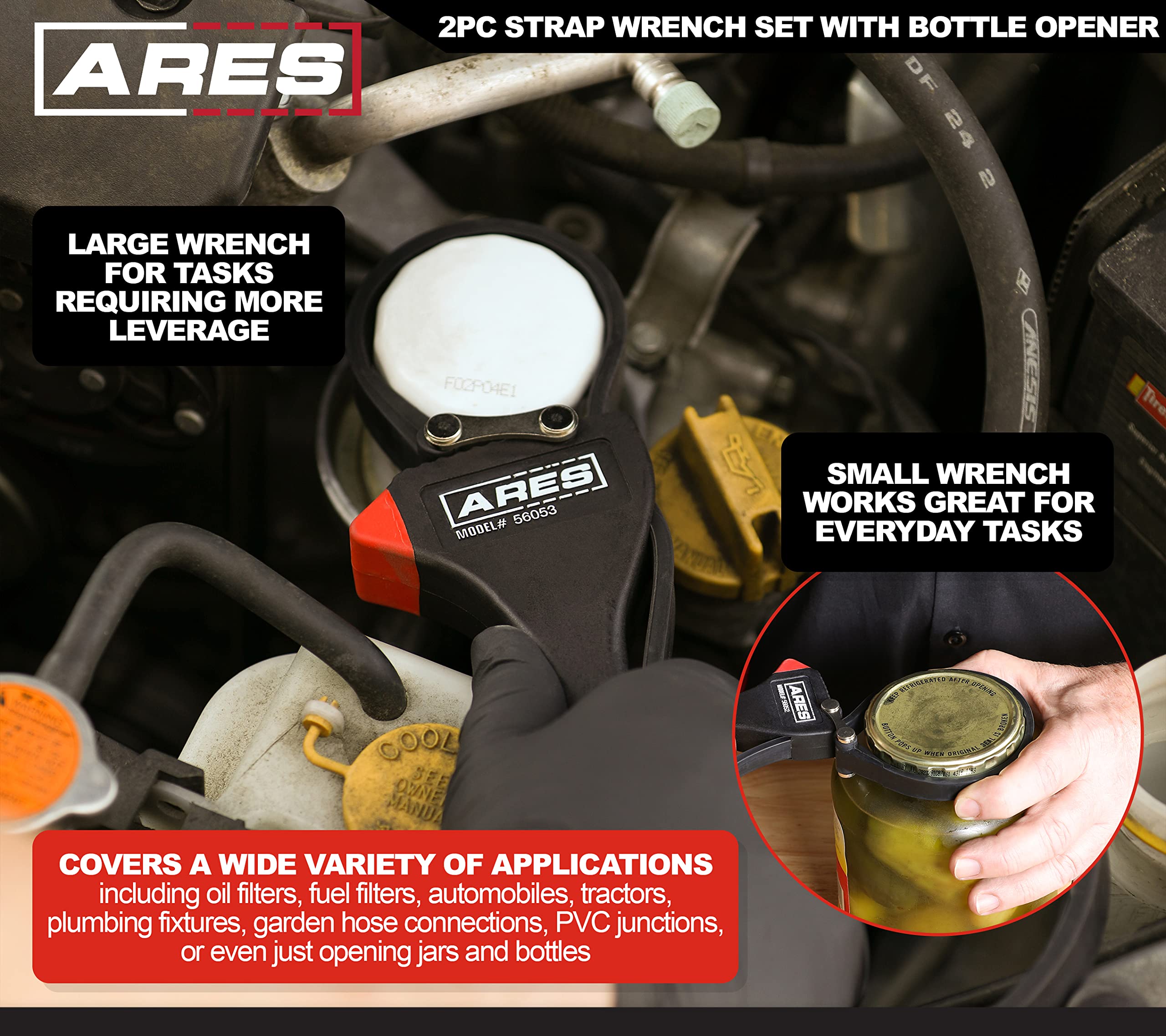 ARES 56034-2-Piece Rubber Strap Oil Filter Wrench Set - Adjustable Up to 4-inch and 6-inch Diameter - Non-Marring Slip Resistant Strap Wrench - Ergonomic TPR Handles
