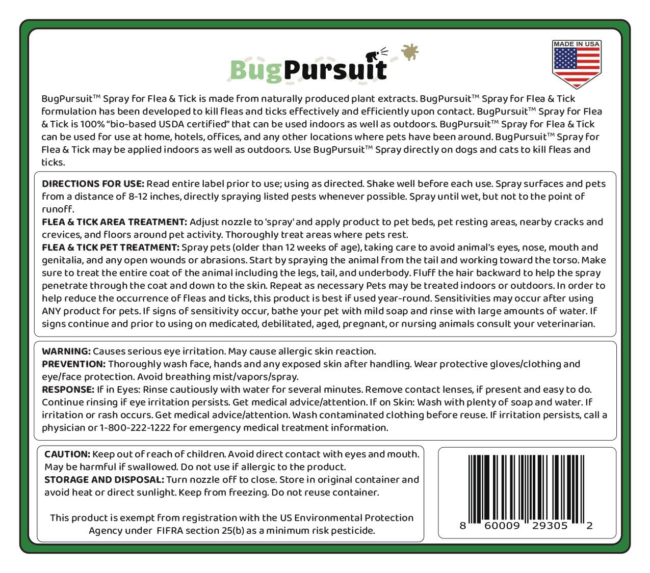 BugPursuit 24oz Flea &Tick Spray, Flea and Tick Prevention for Dogs, Cats, Non-Toxic, Safe for Pets & Kids, Flea and Tick Spray for Home, Killer Flea, Tick, Lice, 100% USDA Biobased, Made in USA
