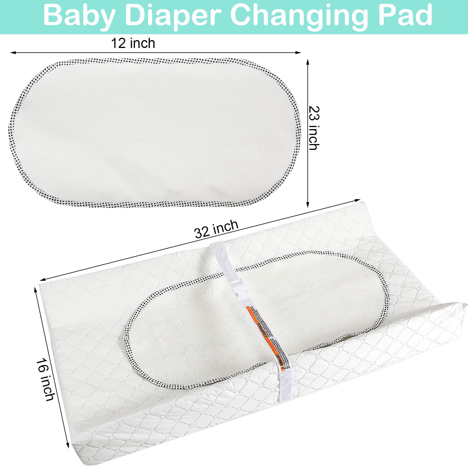 Baby Changing Pad with 6 Pack Ultra Soft Plush Liners Waterproof Diaper Changing Pad 16 x 32 in Foam Contoured Changing Table Pads with Security Strap Two High Curved Sides for Dresser Changing Table
