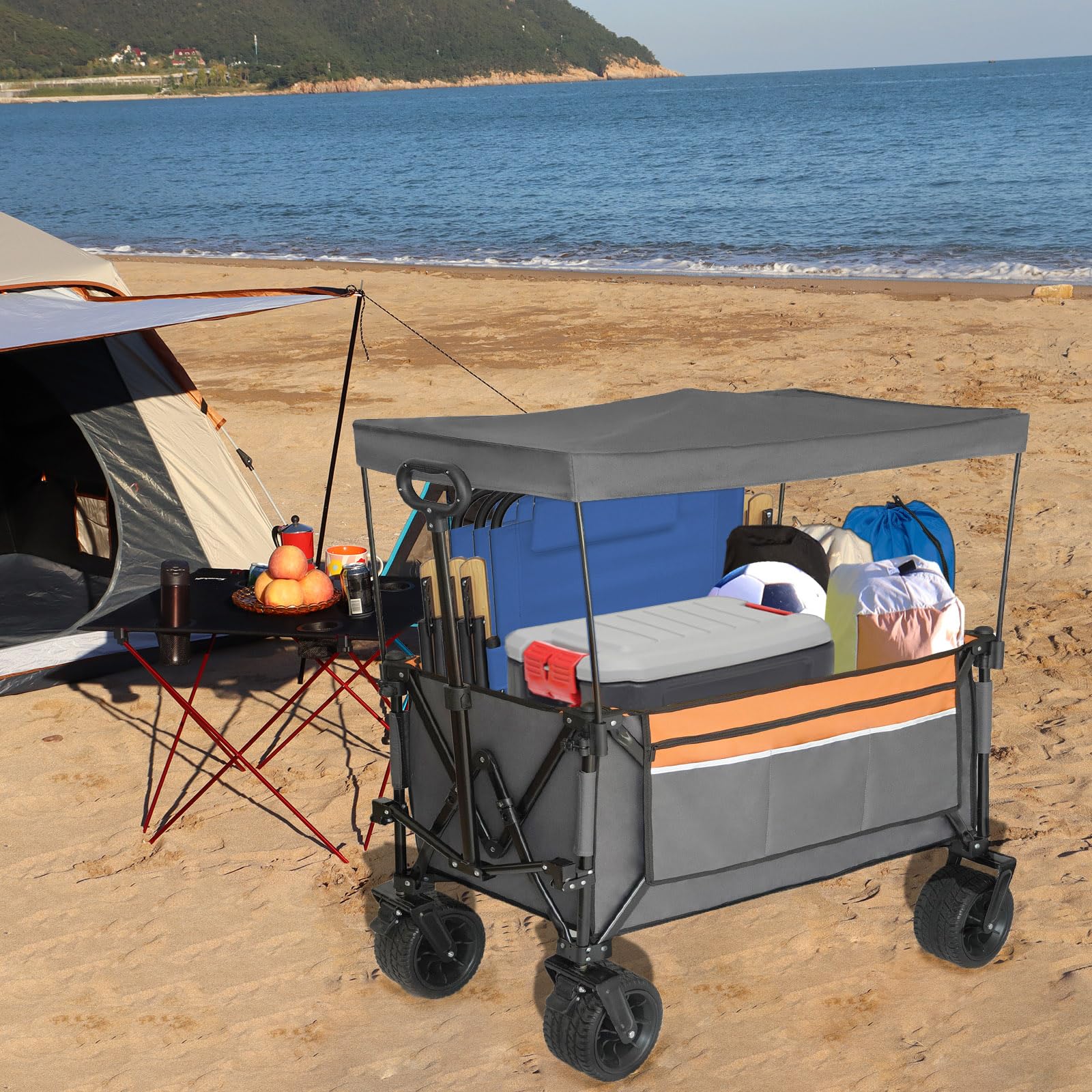 Aimnny Heavy Duty Folding Wagon with Canopy, Collapsible Outdoor Utility Wagon, Compact Garden Cart, Portable Cart with Oversized Bed and Small Folding Size, All Terrain Wheels with Brakes, Grey