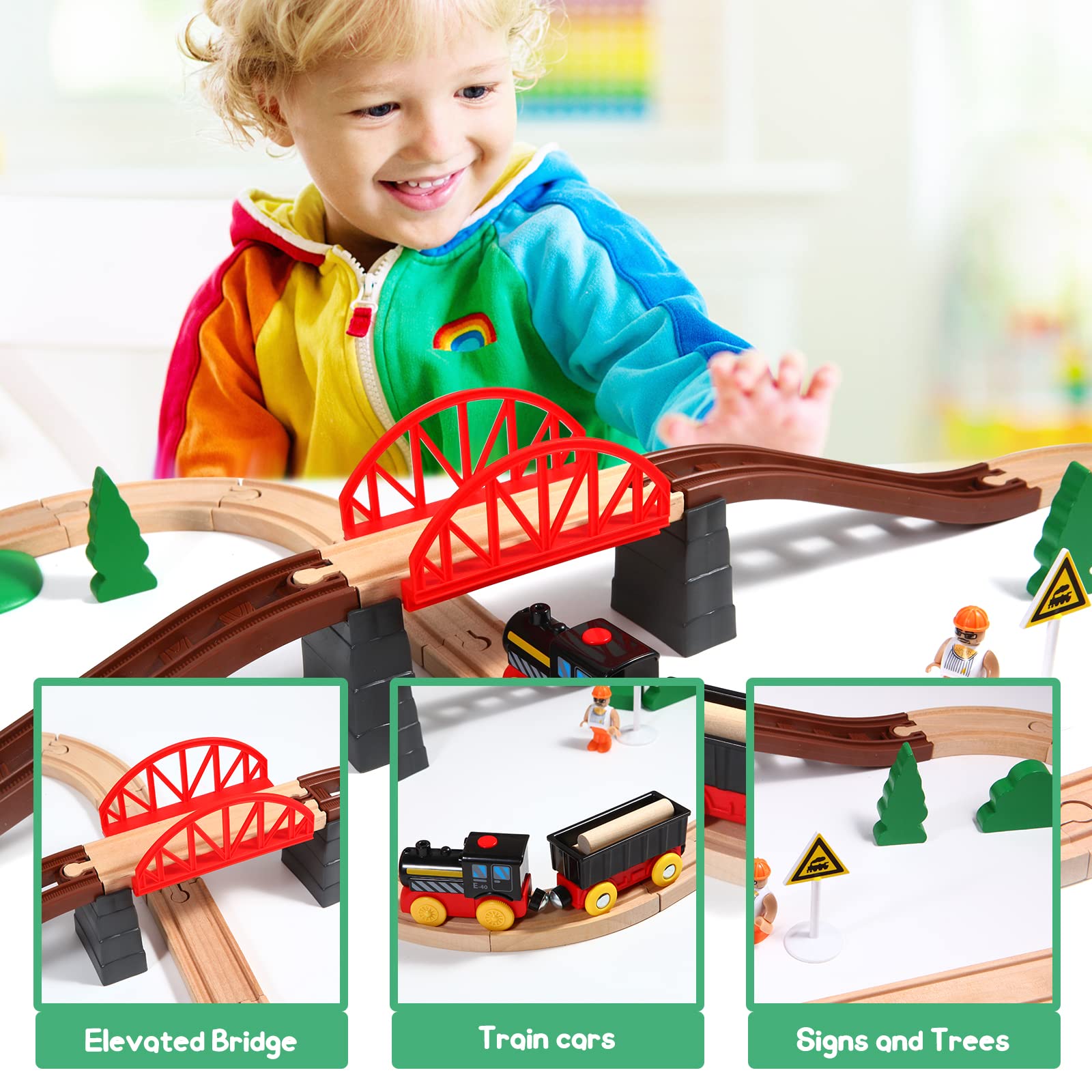 Asweets Wooden Train Set for Toddler,40 Piece with Train Track Electric Operated Fits Thomas,Brio,Melissa and Doug Magnet Battery Train Toy for 3 4 5 Years Old Boys